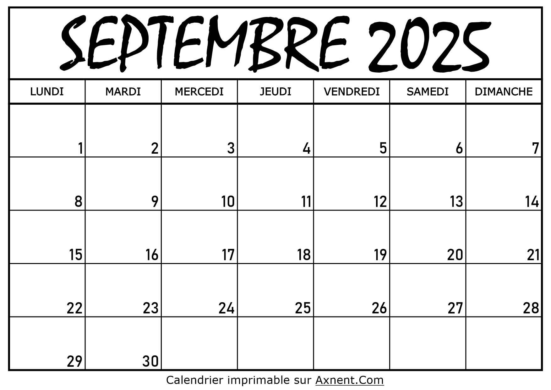Calendrier Septembre 2025 à Imprimer - Time Management Tools By Axnent