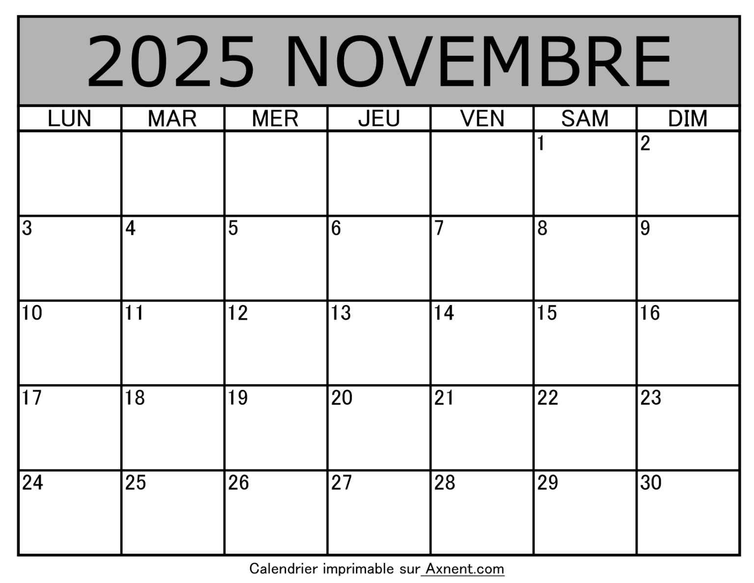 Calendrier Novembre 2025 à Imprimer - Time Management Tools By Axnent