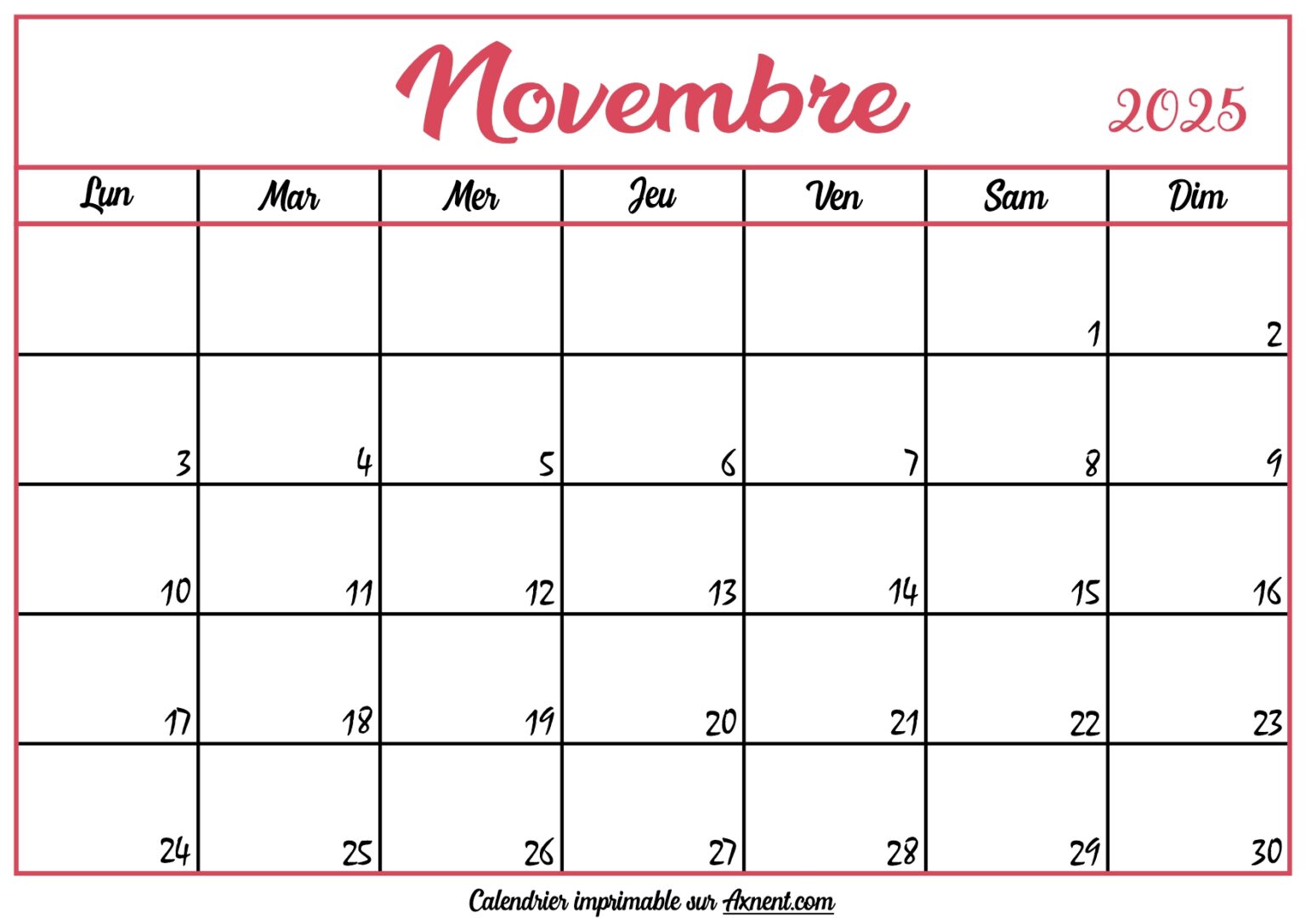 Calendrier Novembre 2025 à Imprimer - Time Management Tools By Axnent