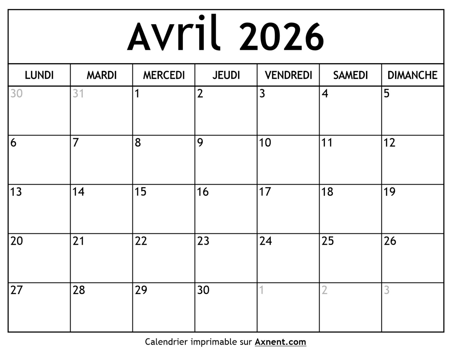 Calendrier Avril 2026 à Imprimer - Time Management Tools By Axnent