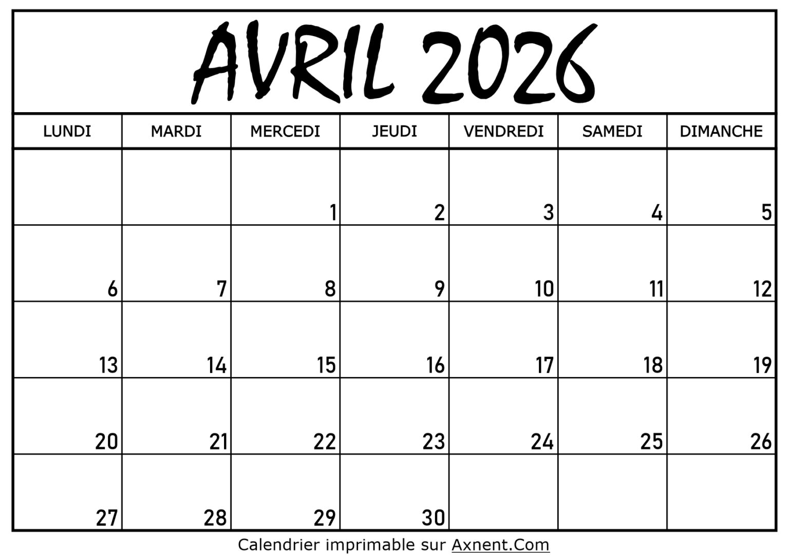 Calendrier Avril 2026 à Imprimer - Time Management Tools By Axnent