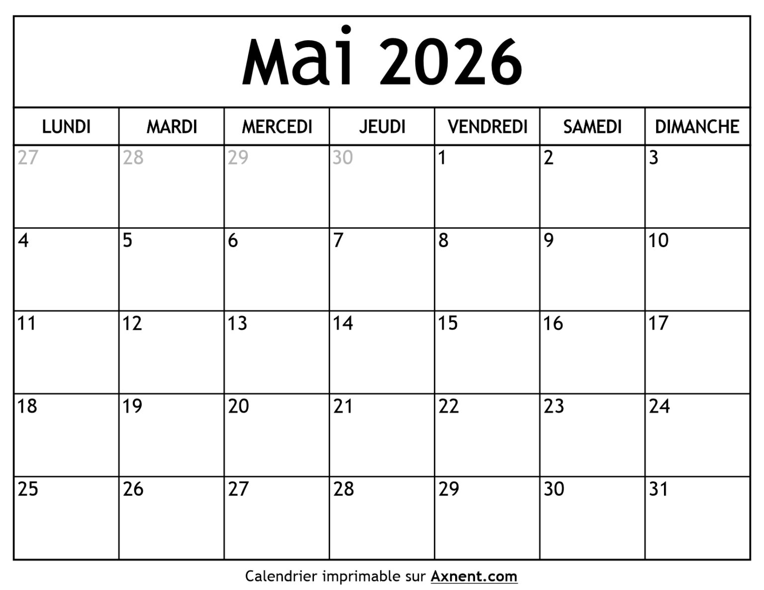 Calendrier Mai 2026 à Imprimer - Time Management Tools By Axnent